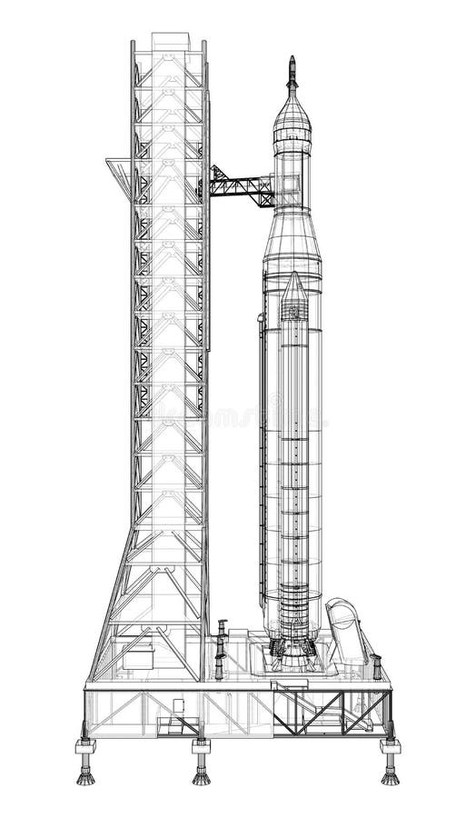 Space Rocket on Launch Pad. Vector Rendering of 3d Stock Illustration ...