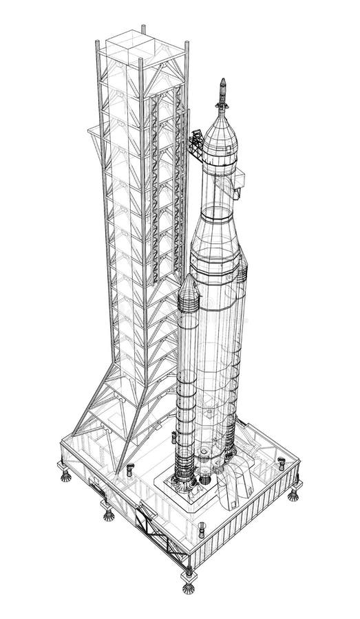 Space Rocket on Launch Pad. Vector Rendering of 3d Stock Illustration ...