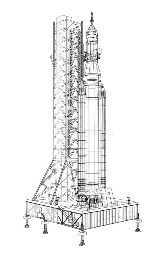 Space Rocket on Launch Pad. Vector Rendering of 3d Stock Illustration ...