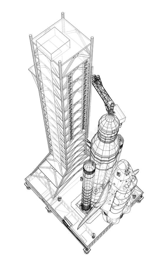 Space Rocket on Launch Pad. Vector Rendering of 3d Stock Illustration ...