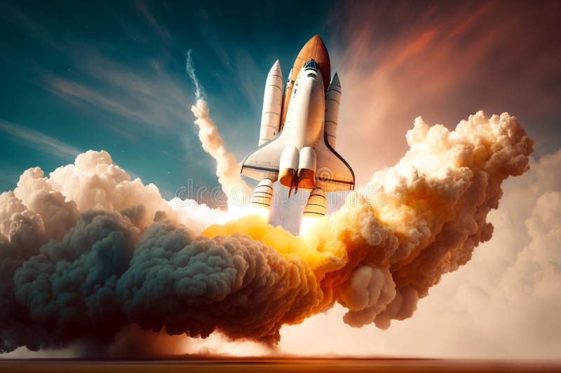 Space Rocket Launch, Ship. Spaceship Takes Off in Starry Sky. Rocket ...