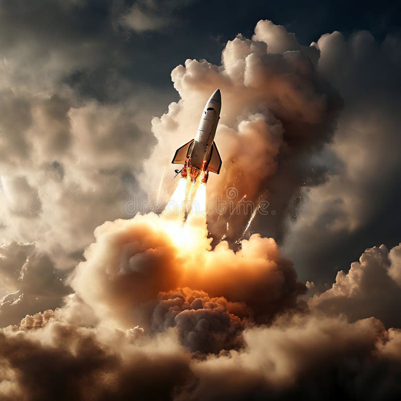 Space Rocket Launch, Ship. Spaceship Takes Off in Starry Sky. Rocket ...