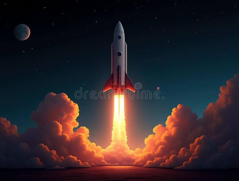 Space Rocket Launch, Ship. Spaceship Takes Off in Starry Sky. Rocket ...