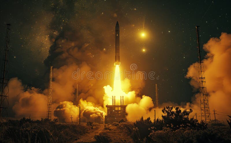 Space Rocket Launch in the Starry Sky. Nighttime Sky Lit by the ...