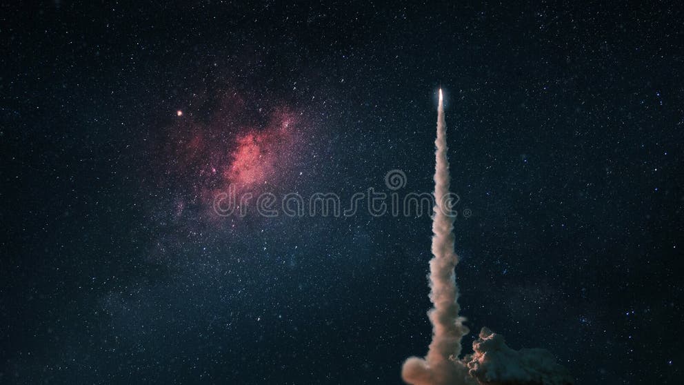 Space Rocket Launch into the Starry Sky. Space Shuttle with Blast and ...