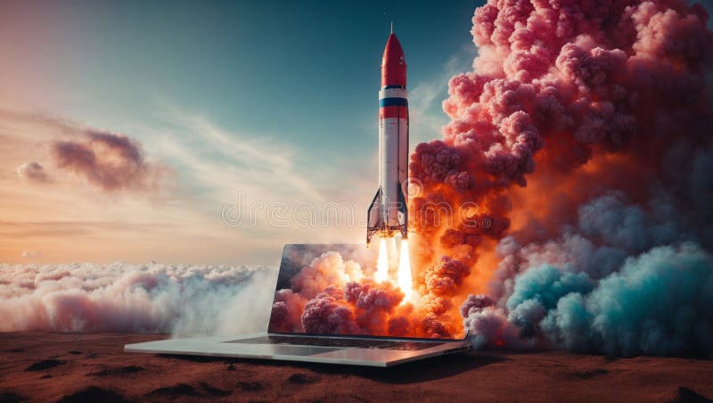 Space Rocket Launch and Take Off from Laptop. Human Civilization ...