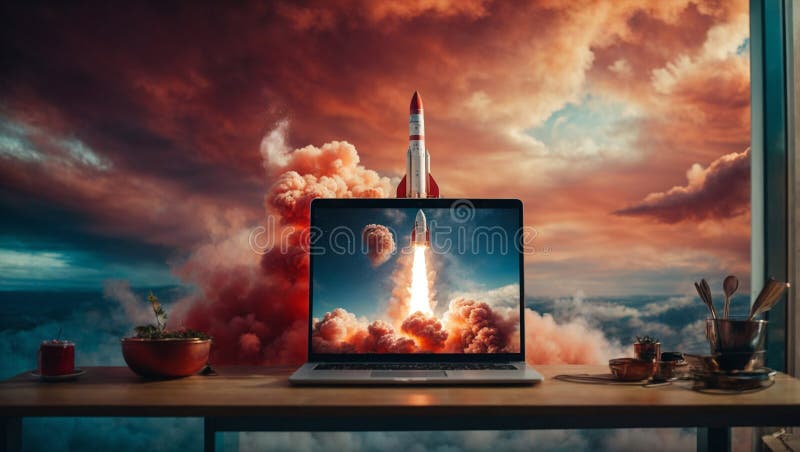 Space Rocket Launch and Take Off from Laptop. Human Civilization ...