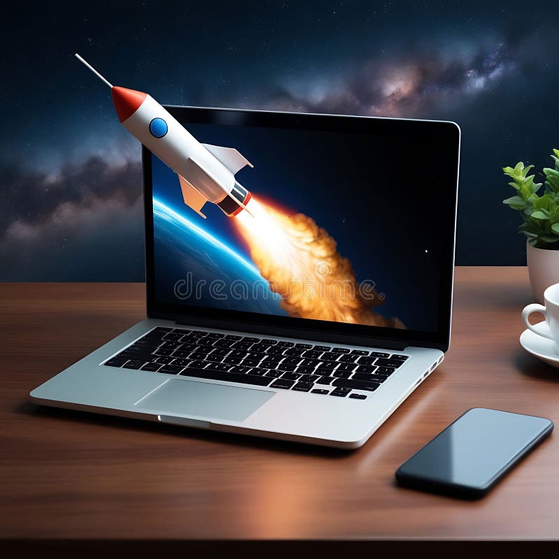 Rocket Launching from Laptop in a Futuristic Digital Scene Stock Photo ...