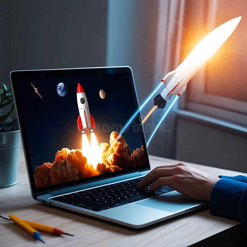 Space Rocket Launching from Laptop Screen, Symbolizing Innovation and ...