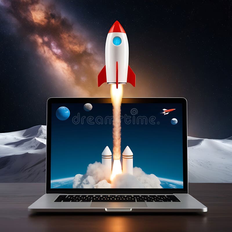 Rocket Launching from Laptop in a Futuristic Digital Scene Stock Photo ...