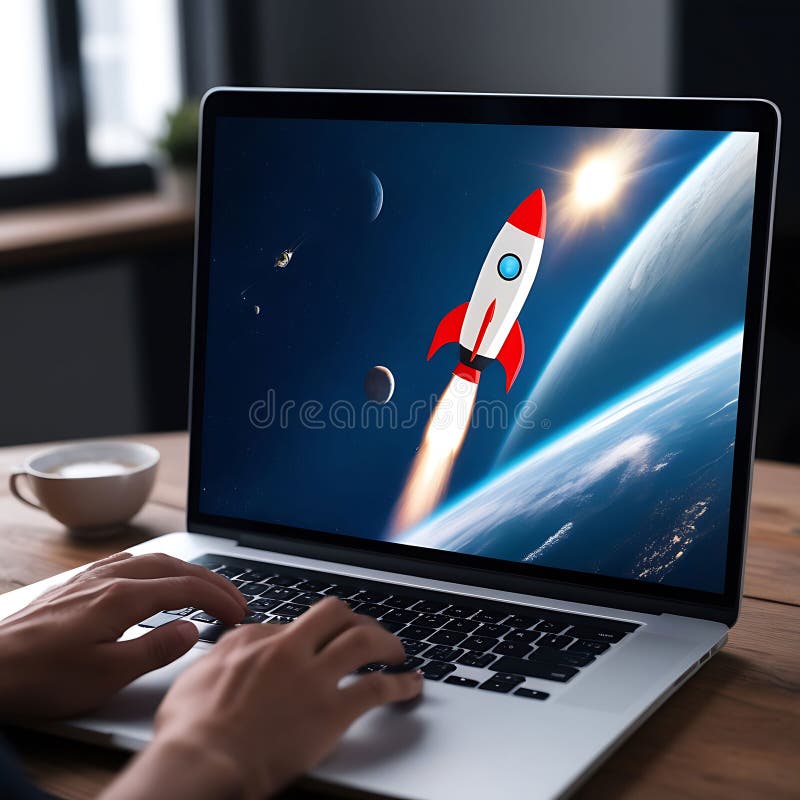 Rocket Launching from Laptop in a Futuristic Digital Scene Stock Photo ...