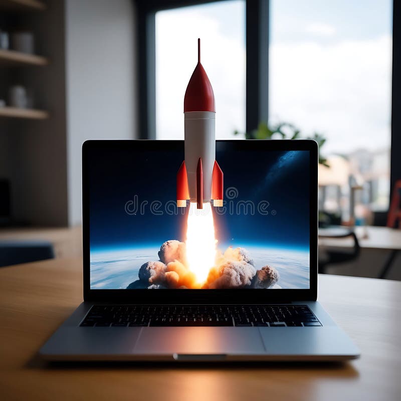 Rocket Launching from Laptop in a Futuristic Digital Scene Stock Photo ...