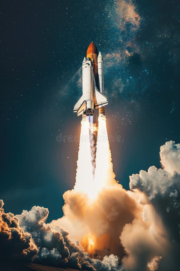 Space Rocket Launching in Moon S Orbit Under Starry Sky Stock Photo ...