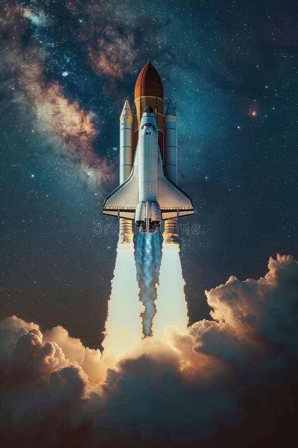 Space Rocket Launching in Moon S Orbit Under Starry Sky Stock Image ...