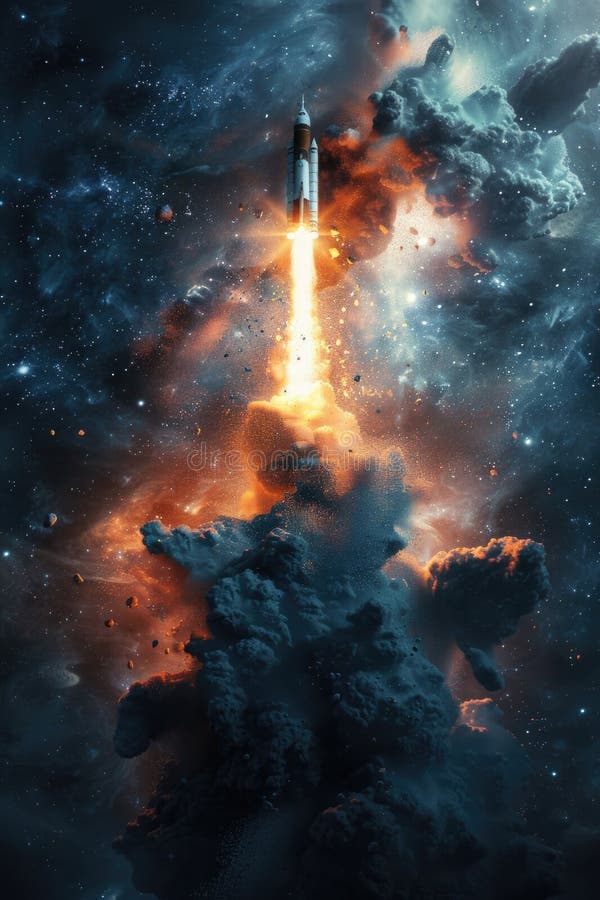 Space Rocket Launching in Moon S Orbit Under Starry Sky Stock Photo ...