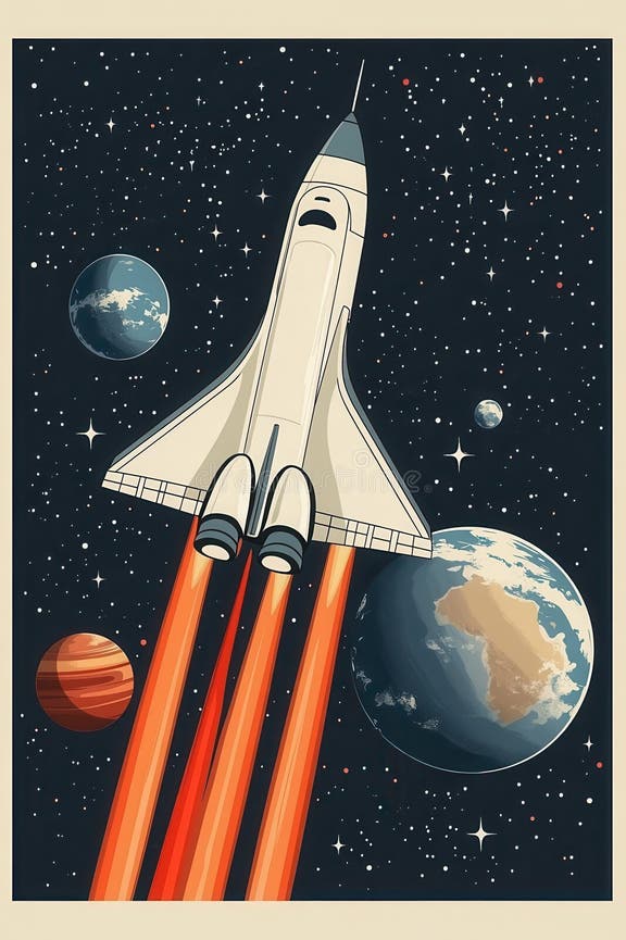 Space Rocket Launching through Planets and Stars Retro Style Stock Illustration - Illustration ...