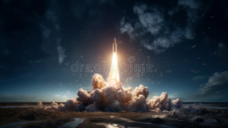 A Space Rocket Launching Powerfully from the Surface of a Planet, Set ...