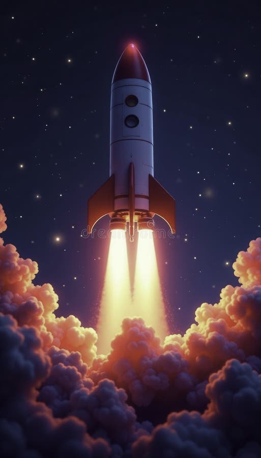 Space Rocket Lifting Off with Glowing Engine Nozzles, Neon Lights, Cosmic Stock Illustration ...