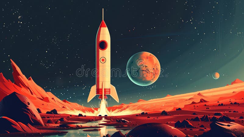 Space Rocket on Mars, Flat Design, Side View, Planetary Theme, Water ...