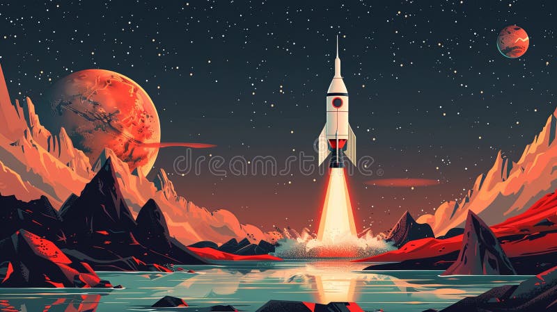 Space Rocket on Mars, Flat Design, Side View, Planetary Theme, Water ...