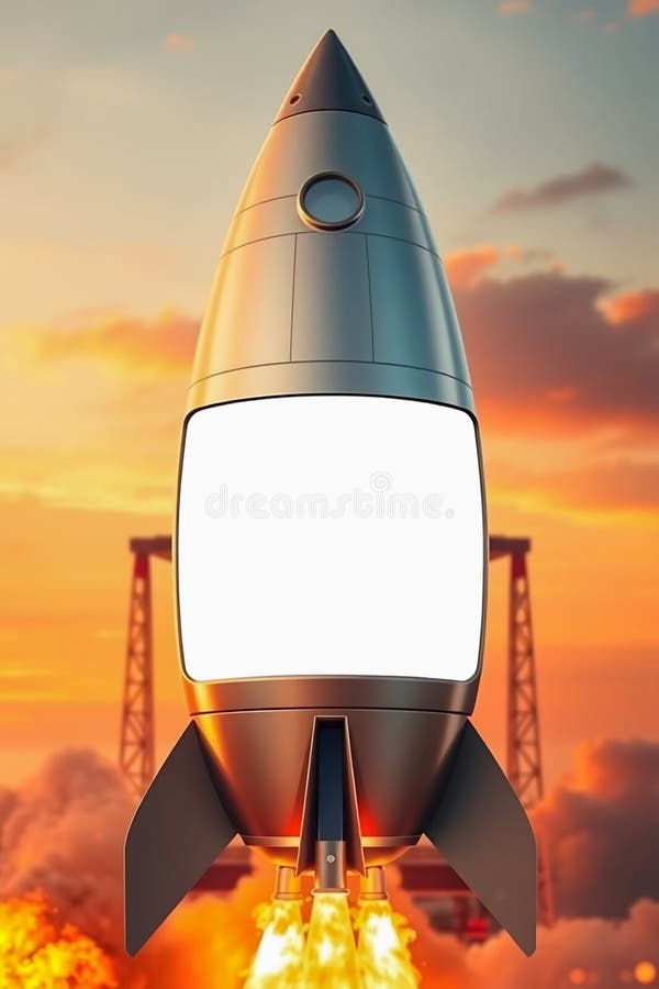 Space Rocket Mockup Launch with Fire Exhaust Against Sky Background ...