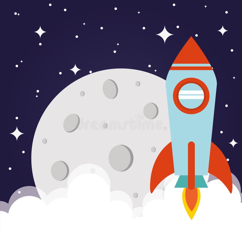 Space Rocket with Moon and Clouds on Starry Background Vector Design ...