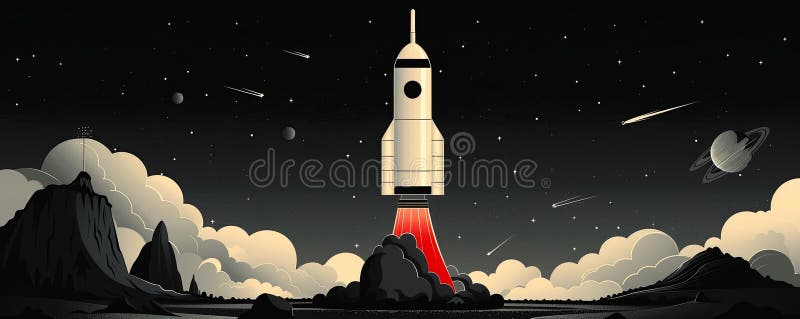 Space Rocket at Night, Flat Design, Side View, Night Sky Theme ...
