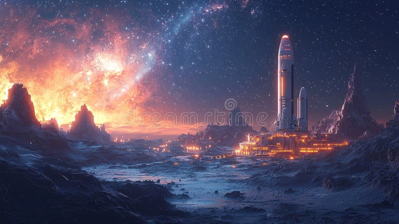 Space Rocket Preparing for Launch on Alien Planet at Night Stock Image ...