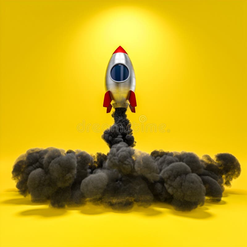 Space Rocket Ship in Cartoon Style with Smoke and Yellow Background ...