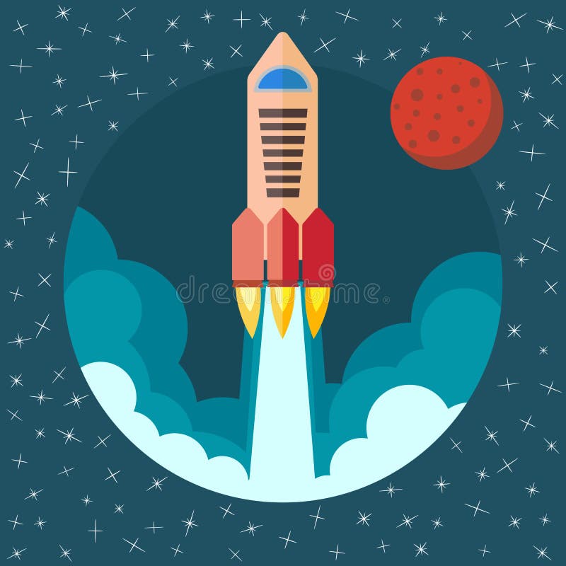 Space Rocket Ship in Round Piece. Space Rocket Launch with Mars in the ...