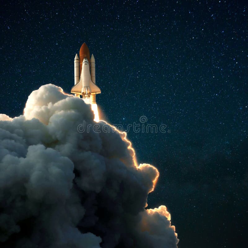 Space Rocket Shuttle Takes Off into the Starry Sky, Spaceship Explores ...
