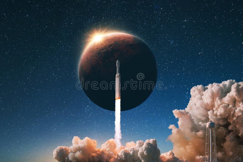 Spacecraft Takes Off into Space. Rocket Flies To Mars. Space Shuttle ...