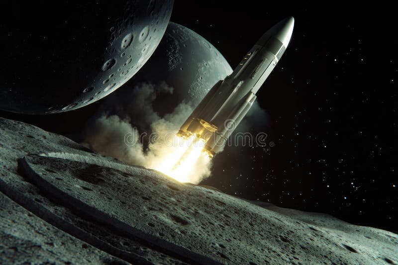A Space Rocket Soaring Above the Lunar Surface, with Craters and ...
