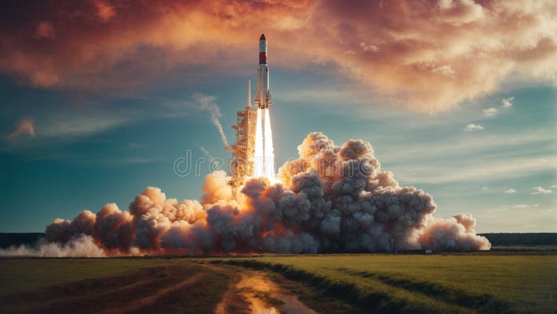 Space Rocket or Space Shuttle Take Off from Ramp. Space Exploration and ...