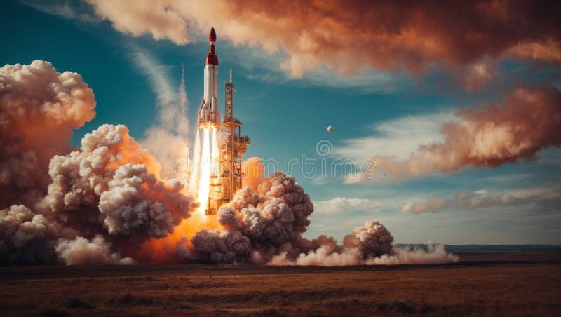 Space Rocket or Space Shuttle Take Off from Ramp. Space Exploration and ...
