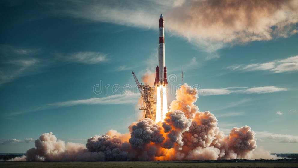 Space Rocket or Space Shuttle Take Off from Ramp. Space Exploration and ...