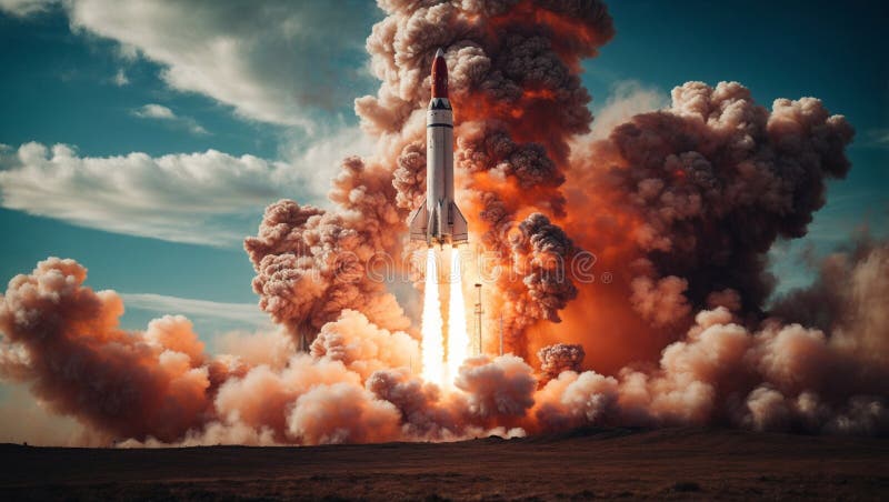 Space Rocket or Space Shuttle Take Off from Ramp. Space Exploration and ...