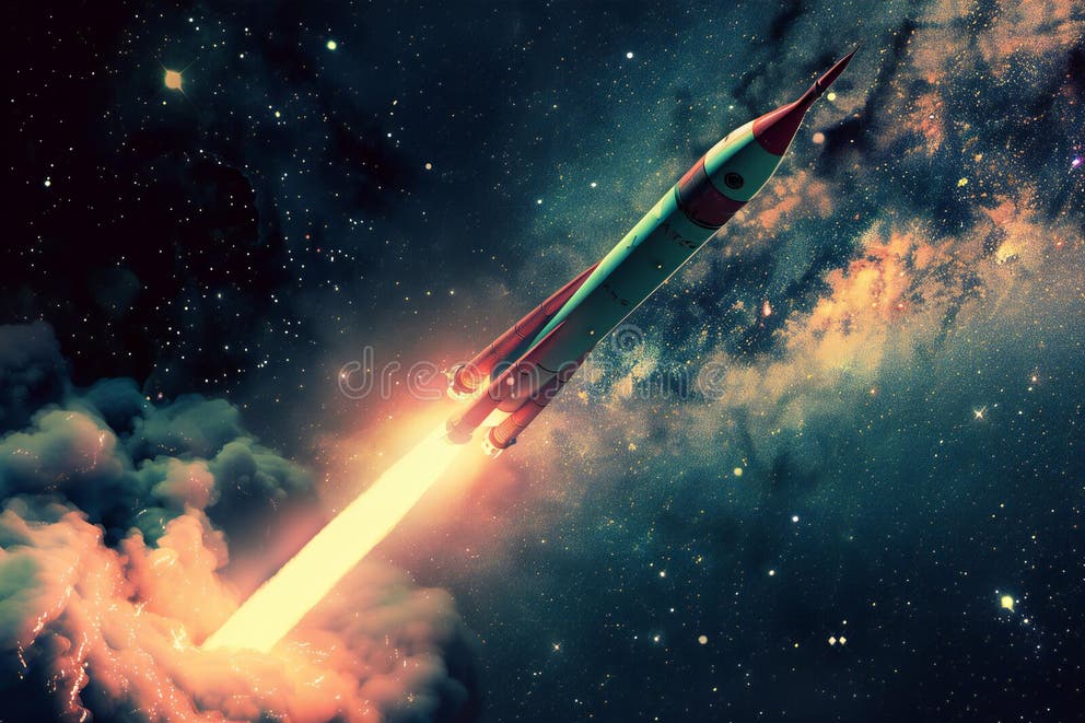 Space Rocket in Space with Stars and Nebula, Rendering Stock ...