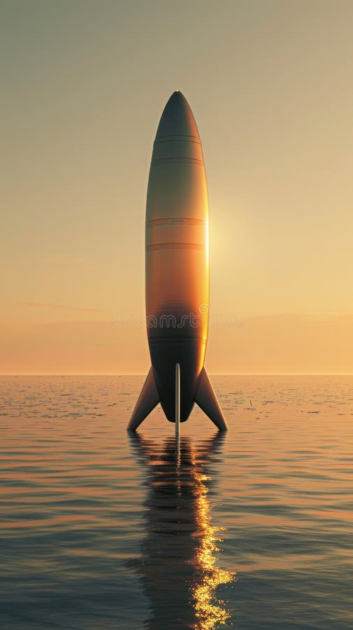 Space Rocket Standing on Water at Sunset, Futuristic Technology Concept ...