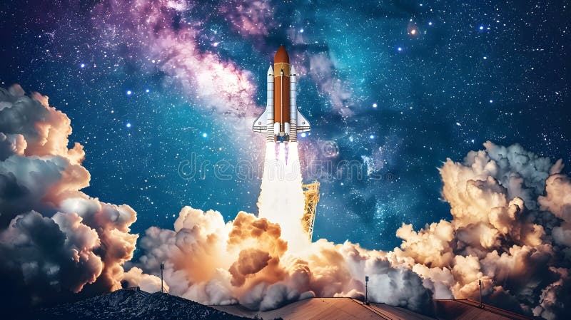 Space Rocket Starry Sky with Clouds of Smoke and Explosion Stock Photo ...