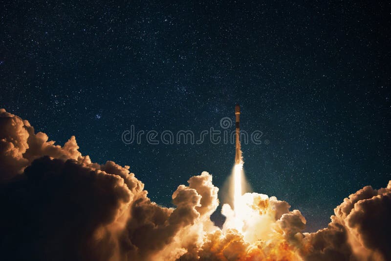 Space Rocket Successfully Takes Off Into The Starry Night Sky With