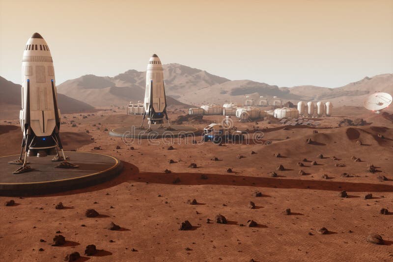 Space Rocket on the Surface of Mars. Colonization of Mars, Martian ...