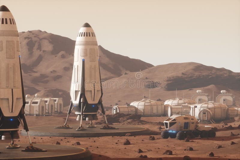 Space Rocket on the Surface of Mars. Colonization of Mars, Martian ...