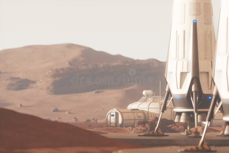 Space Rocket on the Surface of Mars. Colonization of Mars, Martian ...