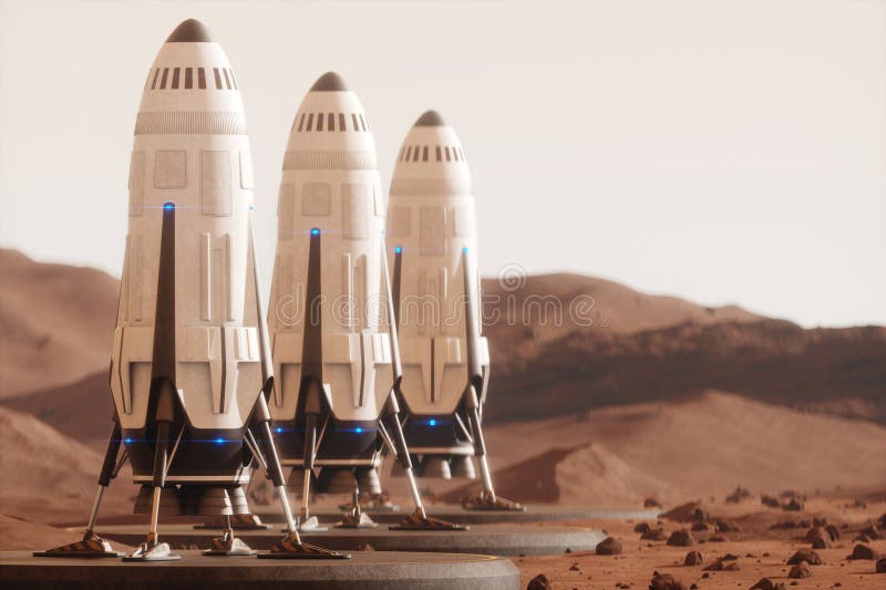 Space Rocket on the Surface of Mars. Colonization of Mars, Martian ...