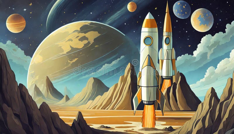 Space Rocket Takes Off from Alien Planet Stock Illustration ...