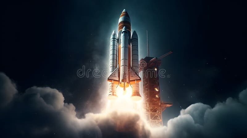Space Rocket Takes Off on Black Night Sky Background, Neural Network ...
