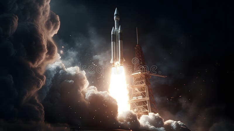 Space Rocket Takes Off on Black Night Sky Background, Neural Network ...