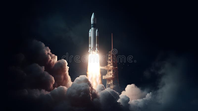 Space Rocket Takes Off on Black Night Sky Background, Neural Network ...