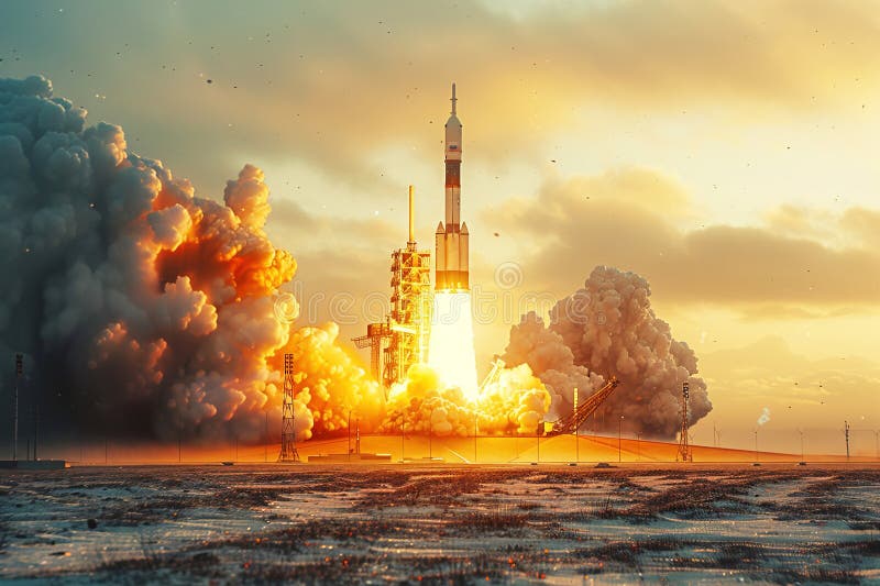 Space Rocket Takes Off From Cosmodrome In Fire Smoke Launch Of